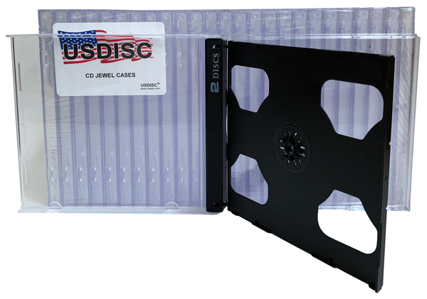 USDISC CD Jewel Cases Standard 10.4mm Smart Tray, Double 2 Disc, Black