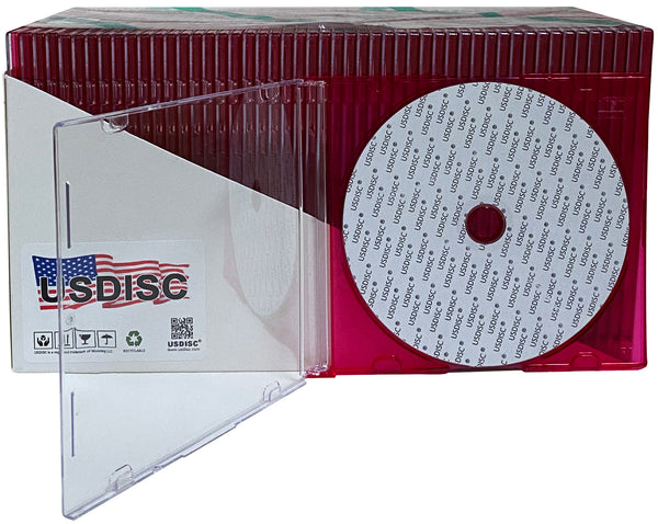 USDISC CD Jewel Cases Slimline 5.2mm, Single 1 Disc, Clear Red